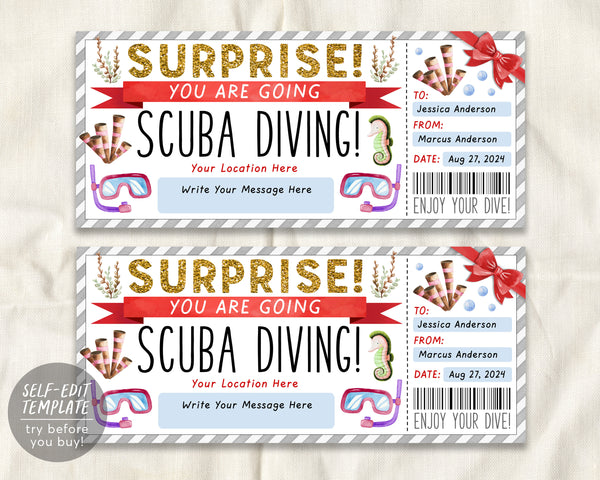 Scuba Diving Ticket Editable Template, Surprise Snorkeling Experience ...