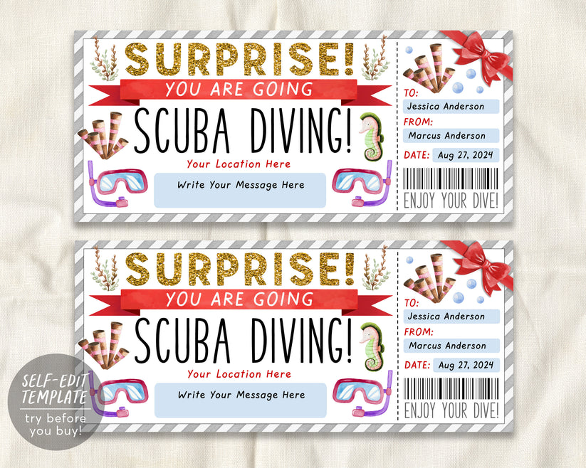 Scuba Diving Ticket Editable Template, Surprise Snorkeling Experience ...