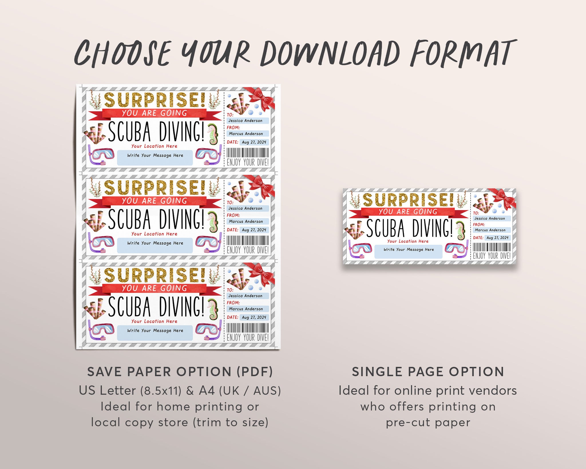 Scuba Diving Ticket Editable Template, Surprise Snorkeling Experience ...