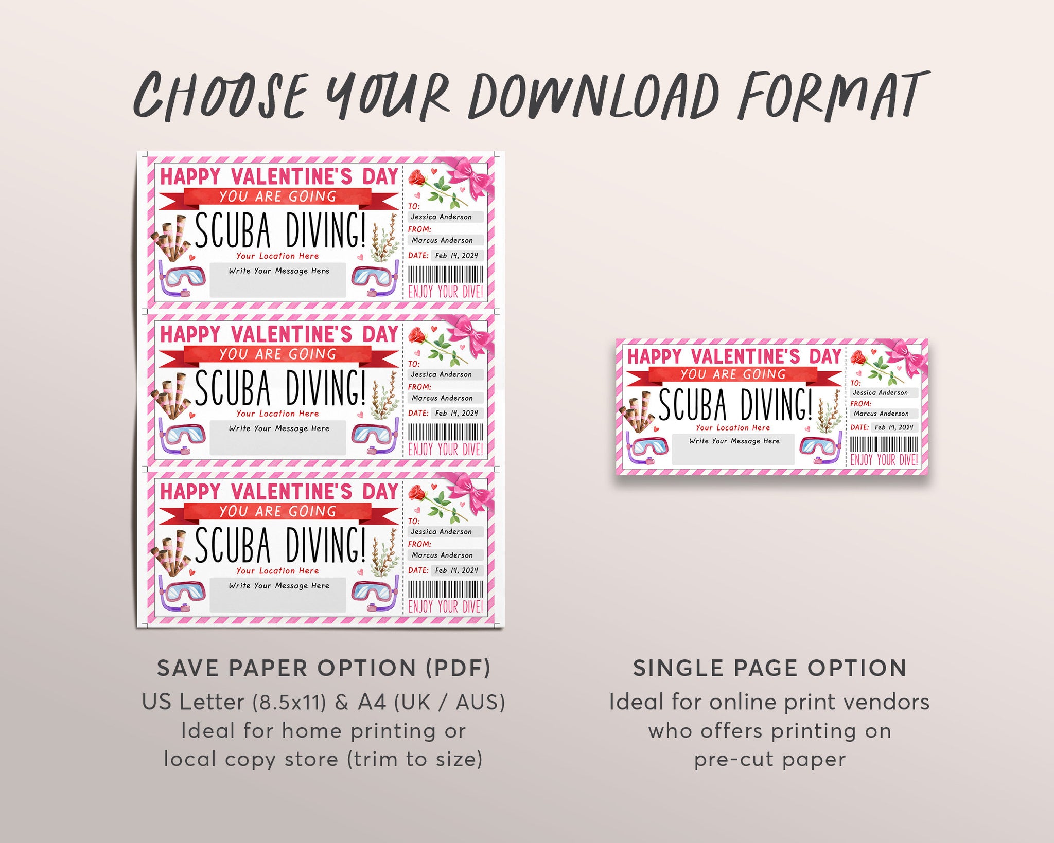 Valentines Day Scuba Diving Ticket Editable Template, Surprise Snorkel ...