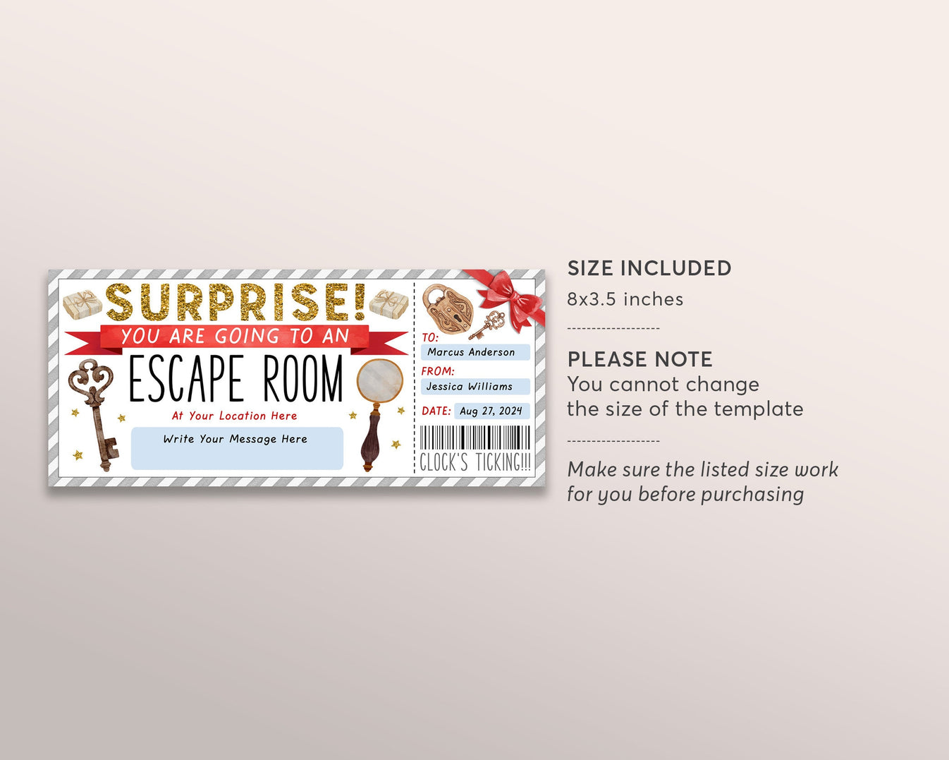 Escape Room Ticket Editable Template, Surprise Game Room Gift Certific ...
