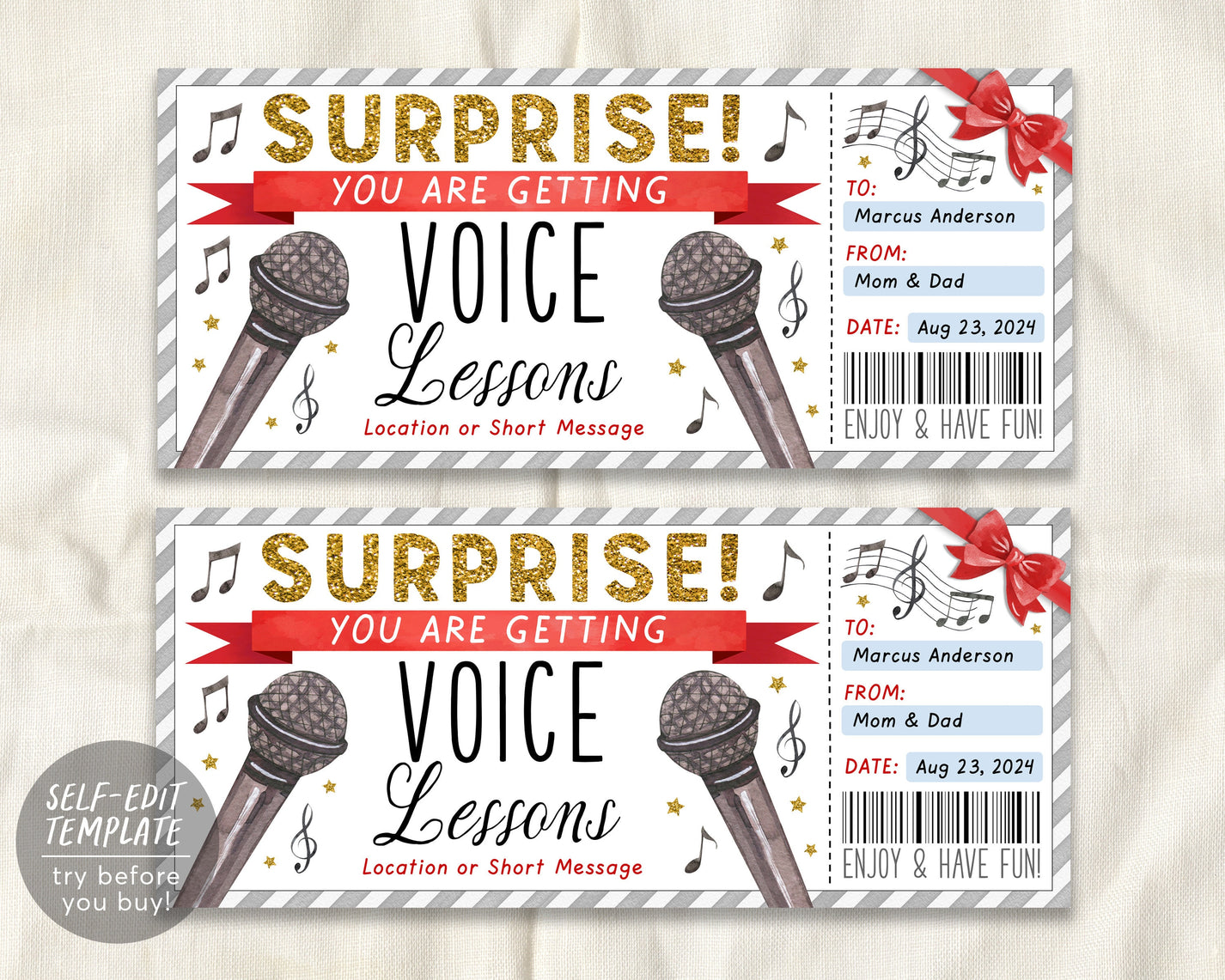 Voice Lessons Gift Certificate Editable Template, Surprise Singing Les ...