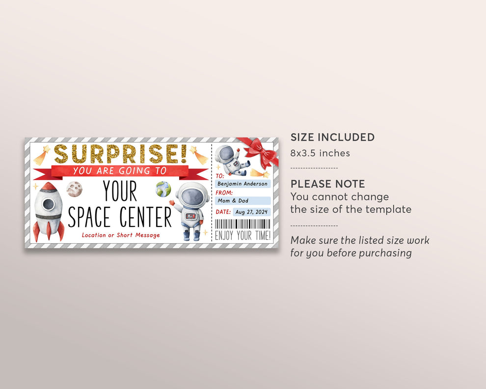 Space Center Surprise Trip Ticket Editable Template, Space Museum Gift ...