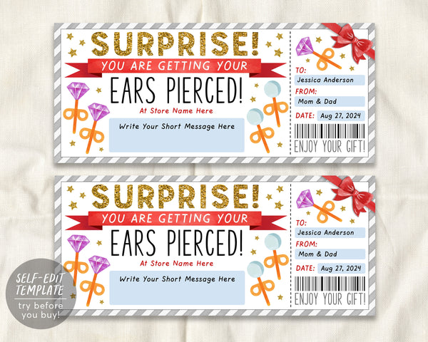 Ear Piercing Gift Voucher Editable Template, Surprise Gift Certificate ...