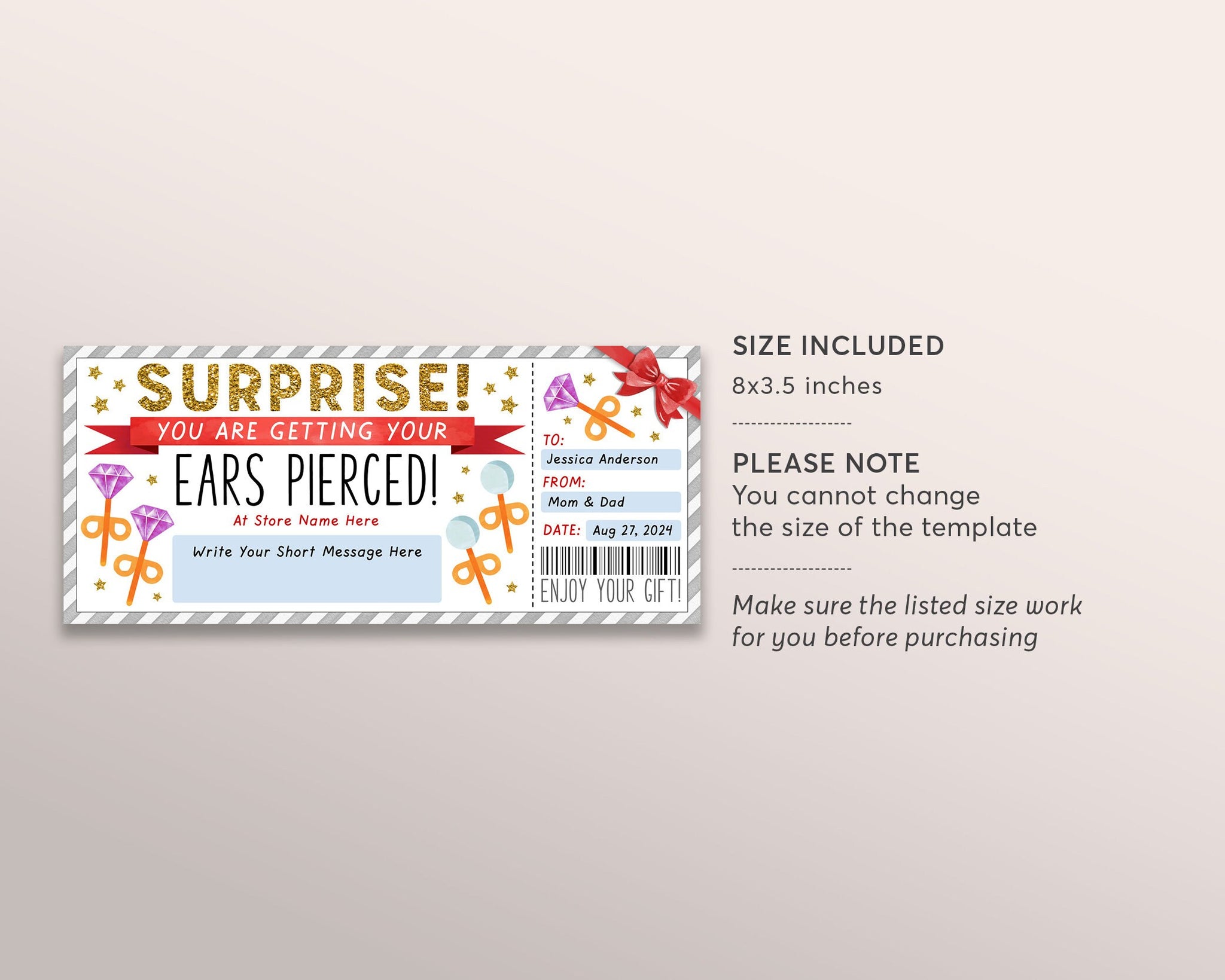Ear Piercing Gift Voucher Editable Template, Surprise Gift Certificate ...