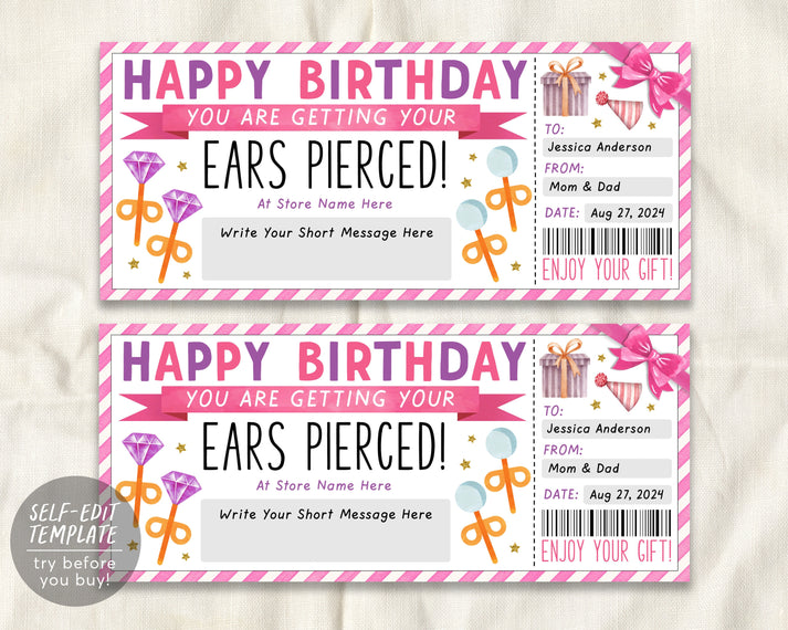 Ear Piercing Gift Voucher Editable Template, Birthday Surprise Gift Ce ...