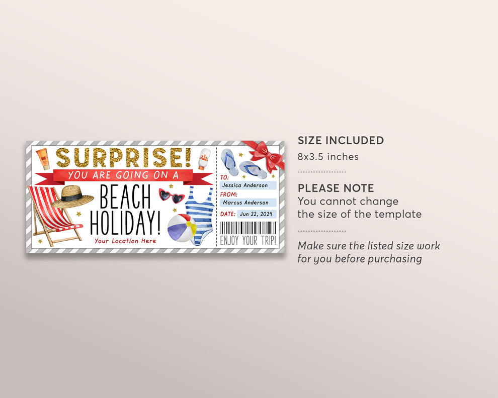 Tropical Beach Vacation Ticket Editable Template, Surprise Travel Week ...