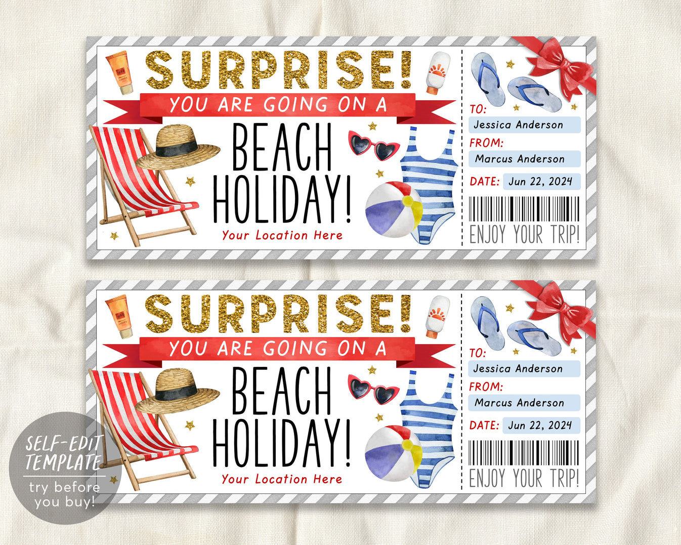 Tropical Beach Vacation Ticket Editable Template, Surprise Travel Week ...