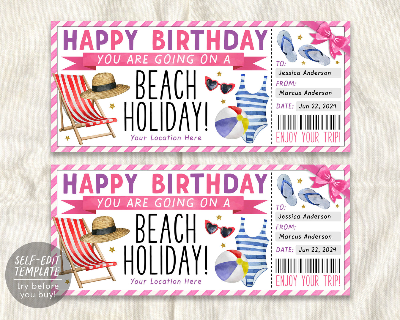 Tropical Beach Vacation Ticket Editable Template, Birthday Surprise Be ...