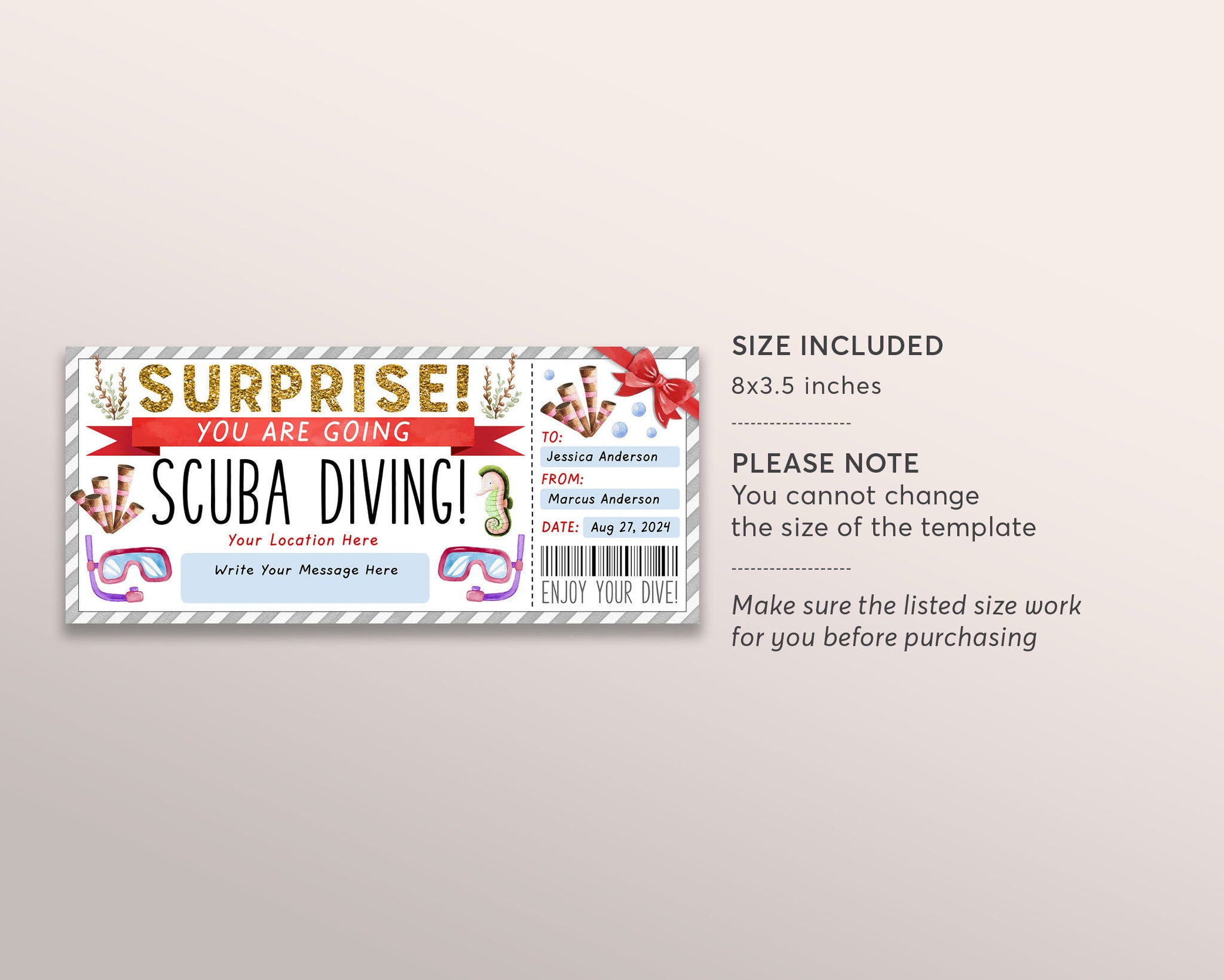 Scuba Diving Ticket Editable Template, Surprise Snorkeling Experience ...