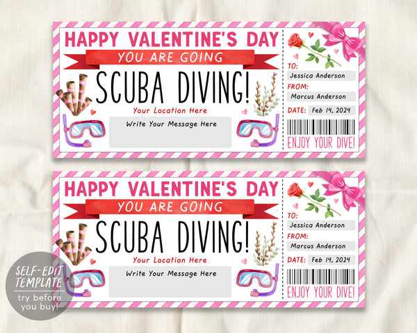 Valentines Day Scuba Diving Ticket Editable Template, Surprise Snorkel ...