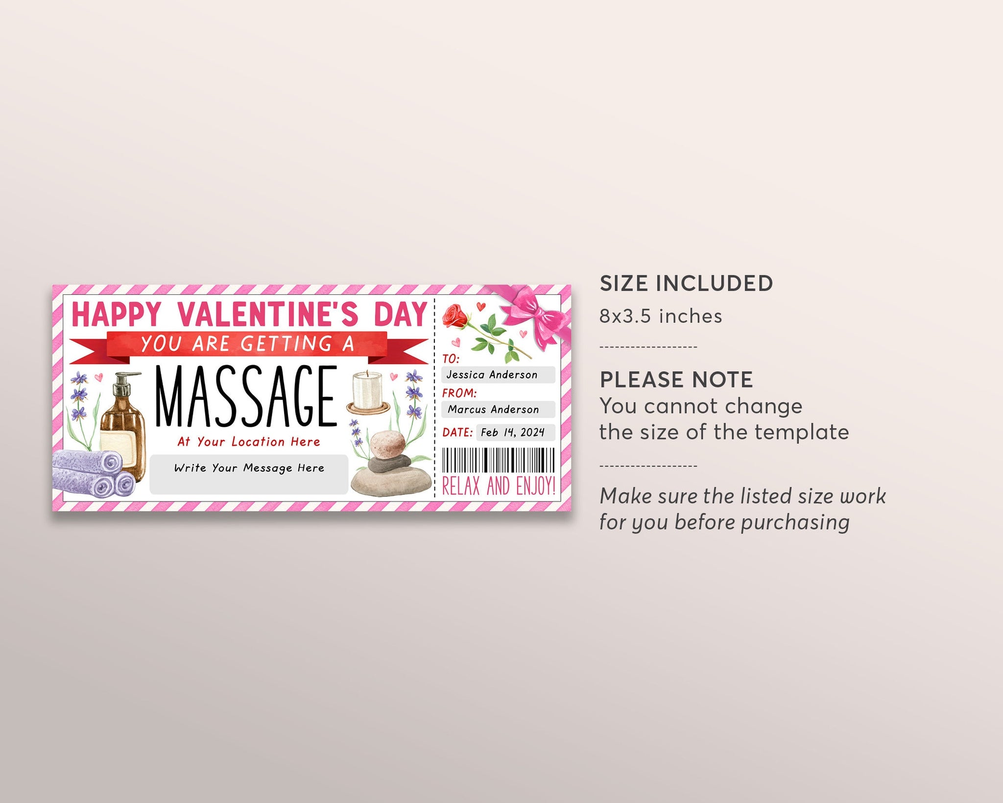 Valentines Day Massage Gift Certificate Ticket Editable Template, Anni ...