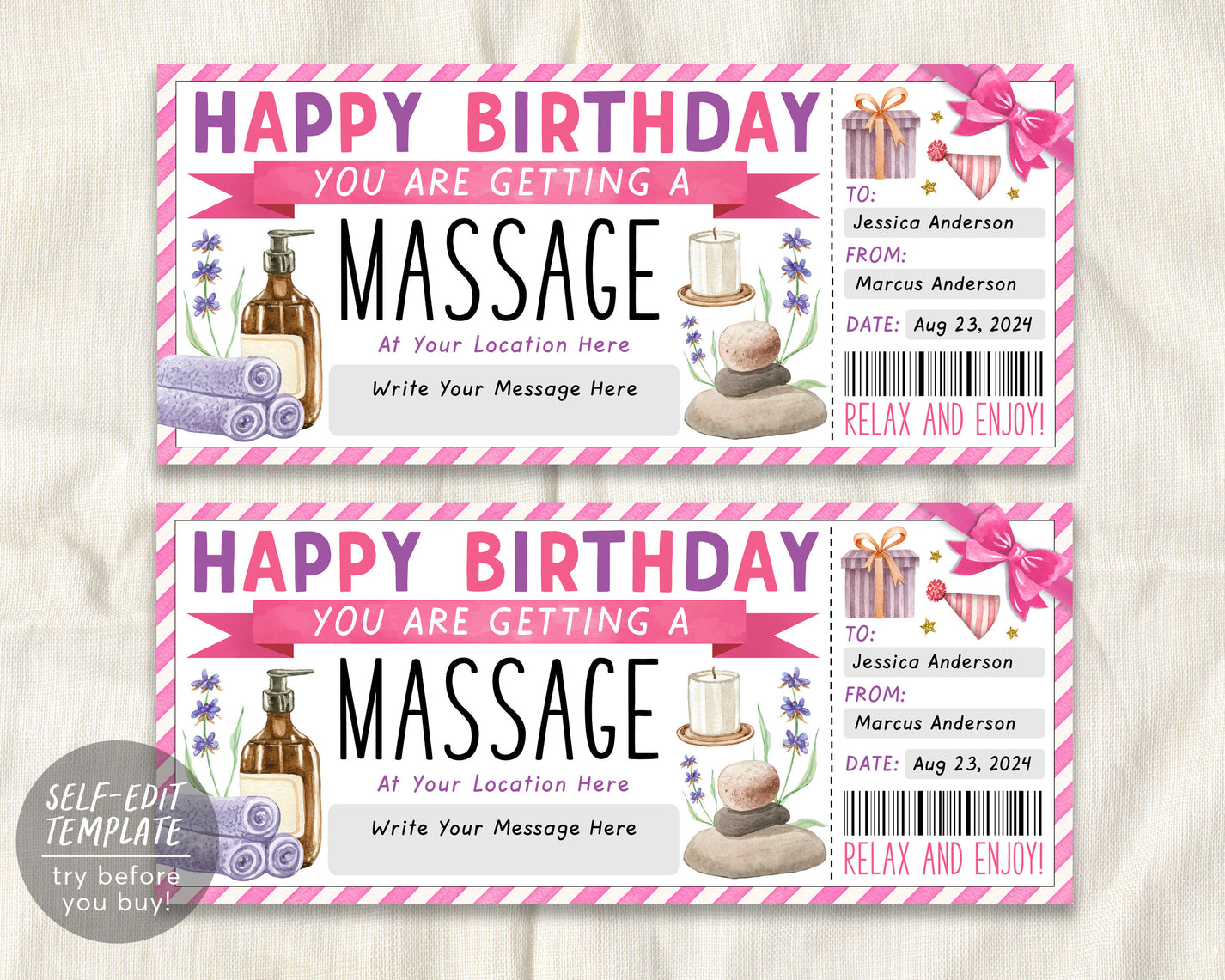 Massage Gift Certificate Ticket Editable Template, Birthday Surprise S ...