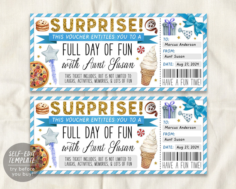 Fun Day Ticket Editable Template, Surprise Day Of Fun with Aunt Gift C ...