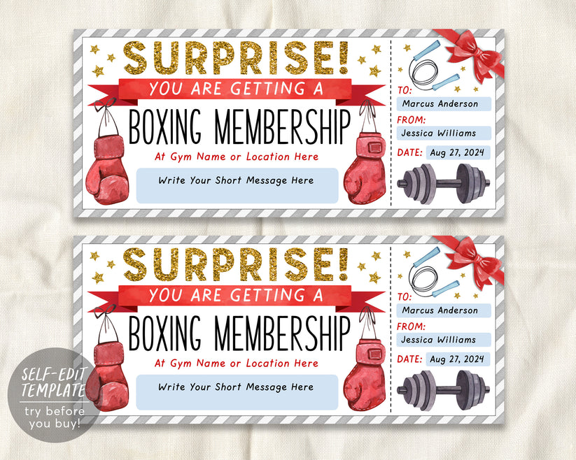 Boxing Membership Ticket Editable Template, Surprise Boxing Lessons Vo ...