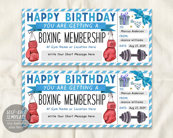 Boxing Membership Ticket Editable Template, Birthday Surprise Boxing L ...