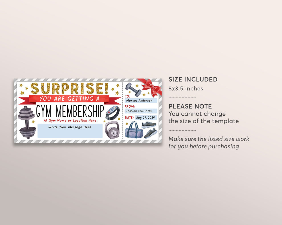 Gym Membership Ticket Editable Template, Surprise Personal Trainer Spo ...