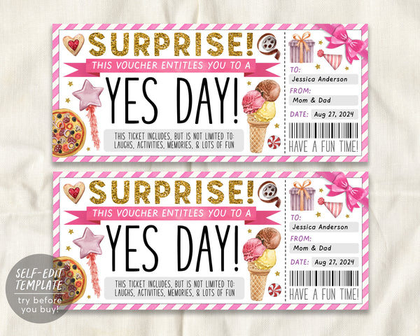 Yes Day Ticket Editable Template, Surprise Best Day Ever Gift Certific ...