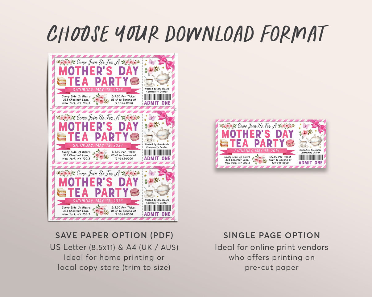 Mother's Day Tea Party Ticket Invitation Editable Template, Mothers Da ...