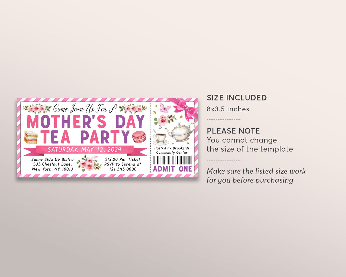 Mother's Day Tea Party Ticket Invitation Editable Template, Mothers Da ...