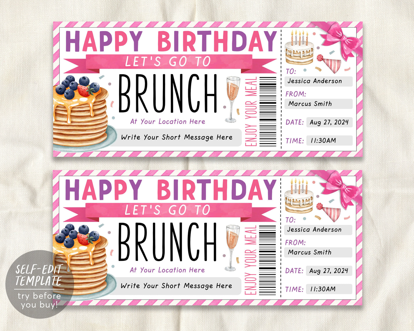 Birthday Brunch Coupon Ticket Editable Template, Surprise Lunch Lunche ...