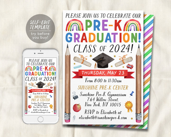 Pre-K Graduation Invitation Editable Template, Class Graduation Announ ...
