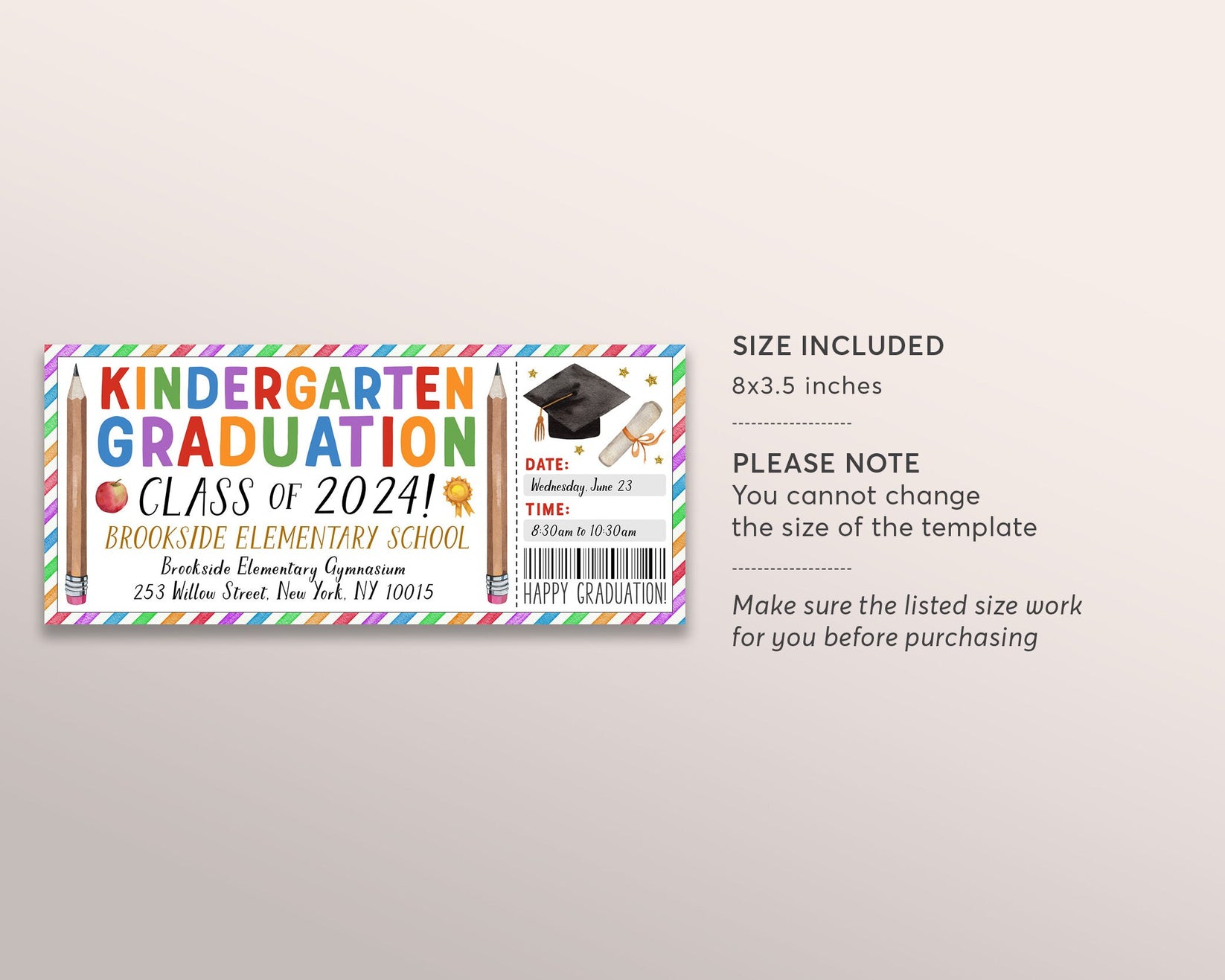 Kindergarten Graduation Ceremony Ticket Editable Template, Class Grad ...