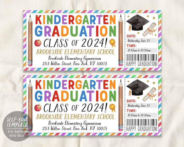 Kindergarten Graduation Ceremony Ticket Editable Template, Class Grad ...