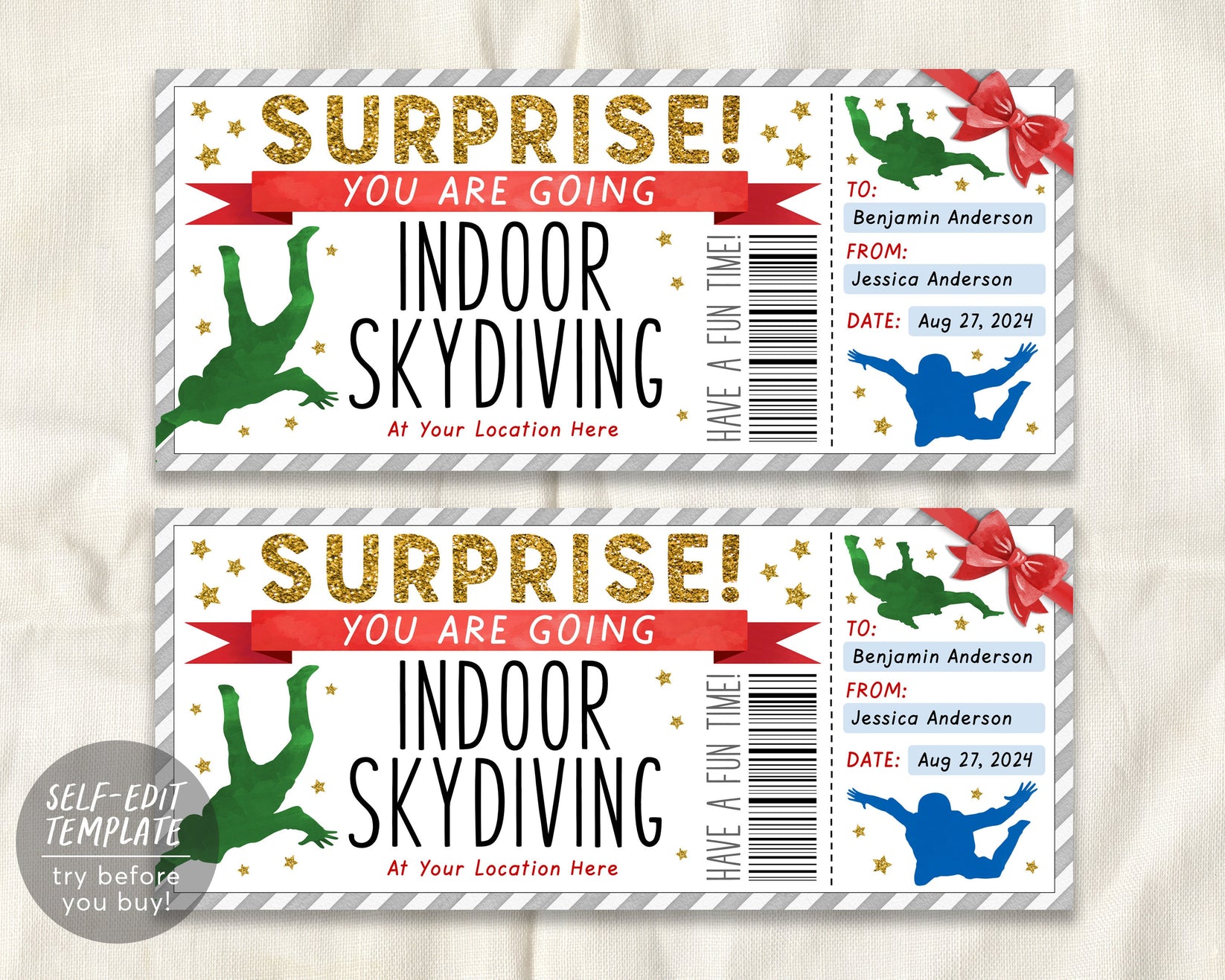 Indoor Skydiving Gift Certificate Ticket Editable Template, Surprise S ...