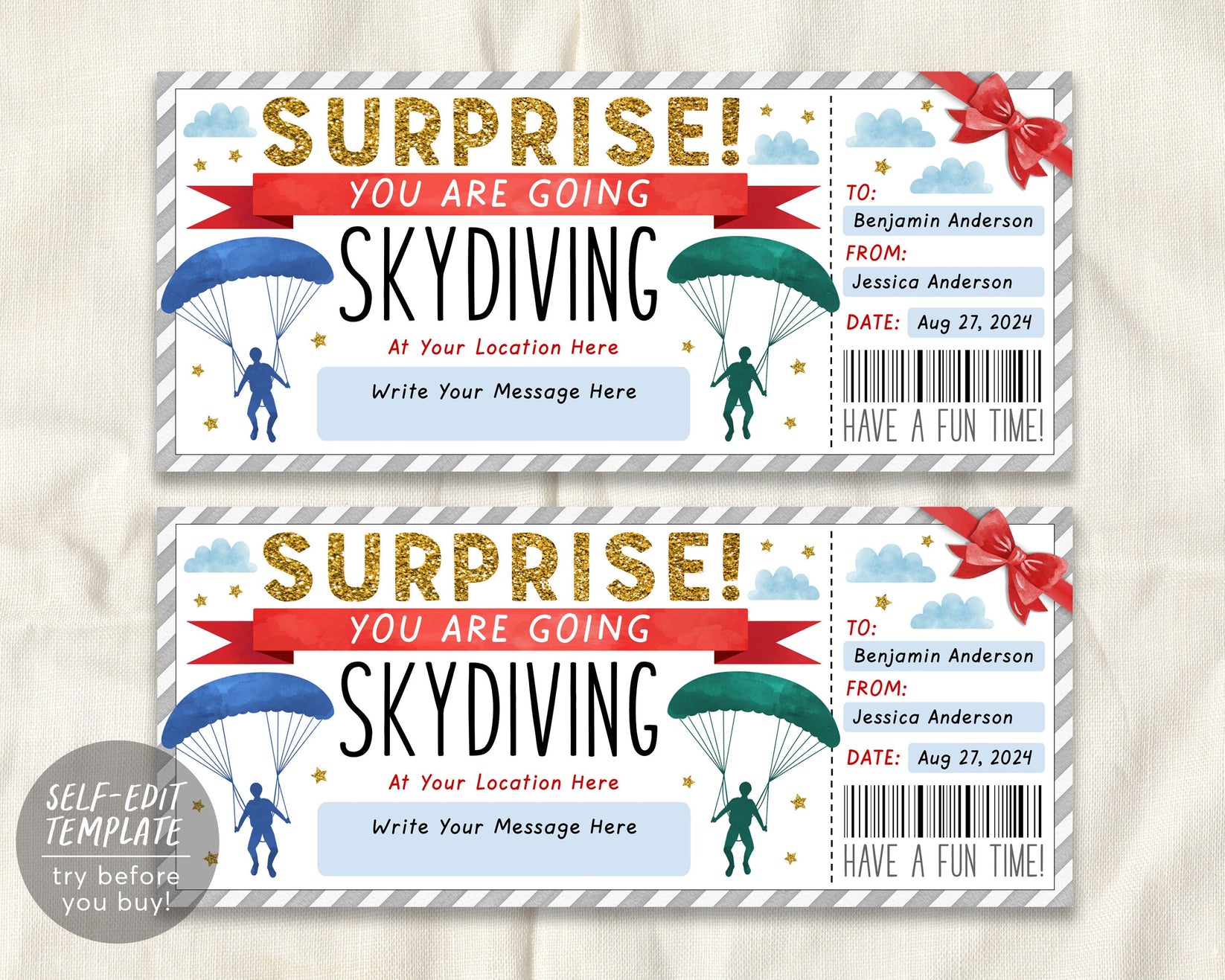 Skydiving Ticket Gift Certificate Ticket Editable Template, Surprise T – Puff Paper Co
