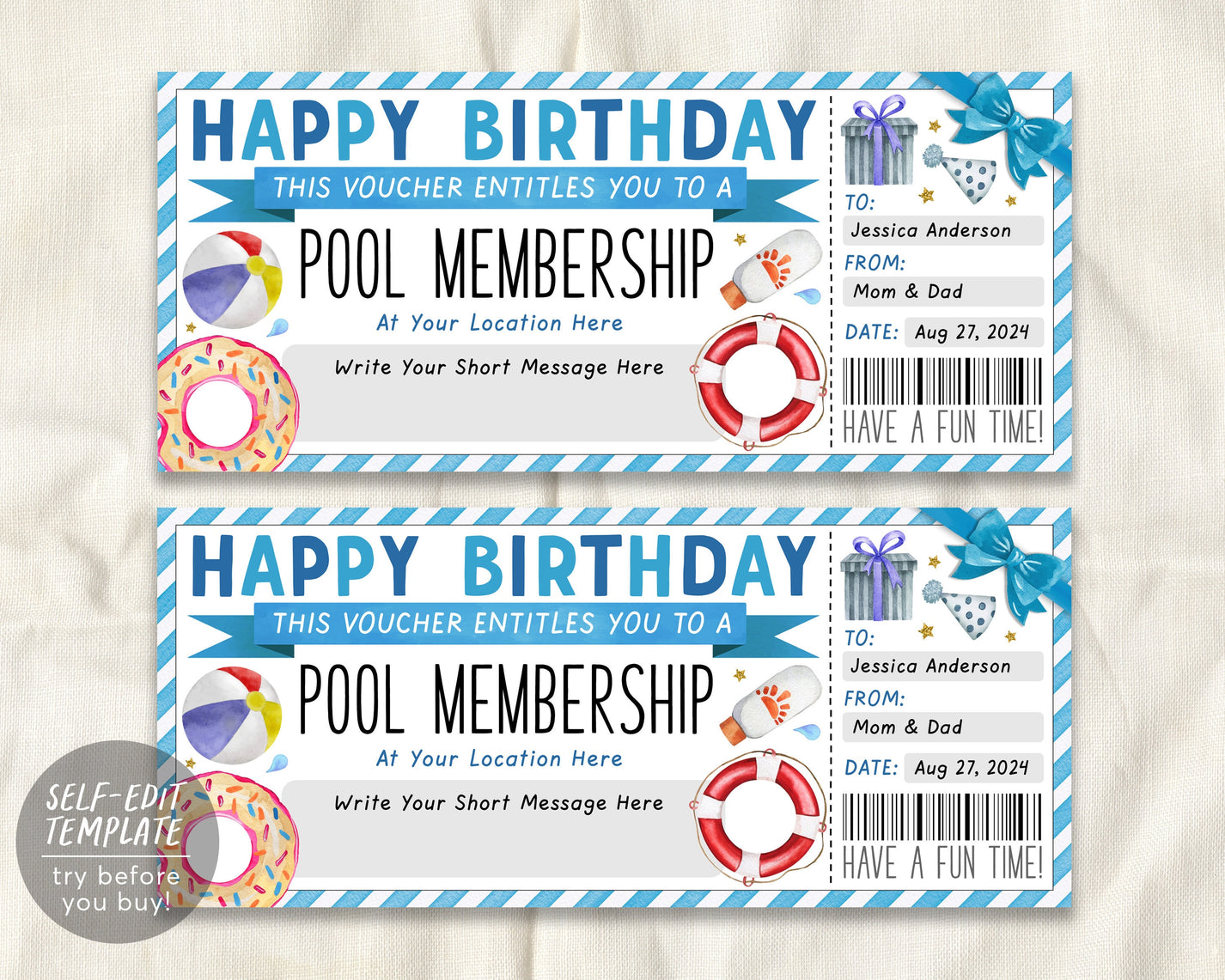 Pool Membership Gift Certificate Ticket Editable Template, Birthday Su ...