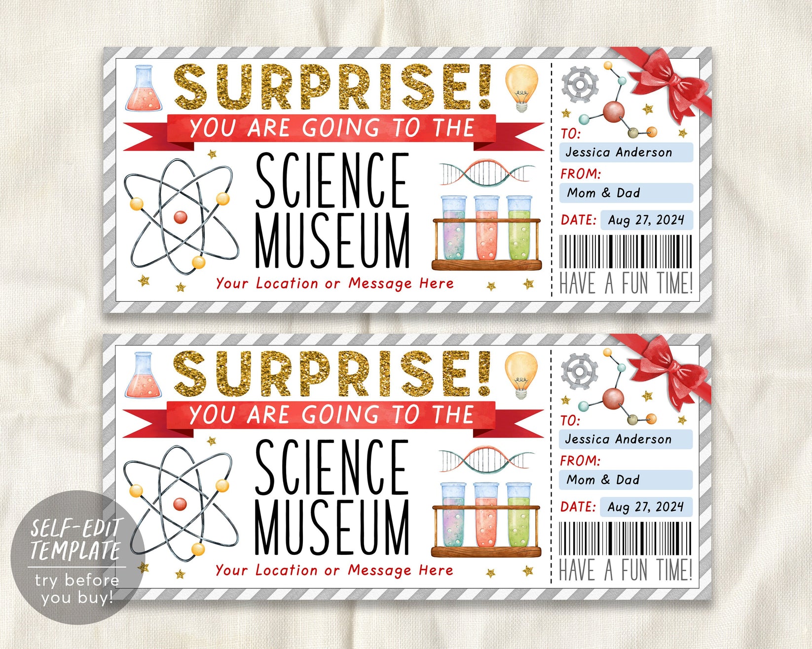 Surprise Science Museum Ticket Editable Template, Museum Membership Gi ...