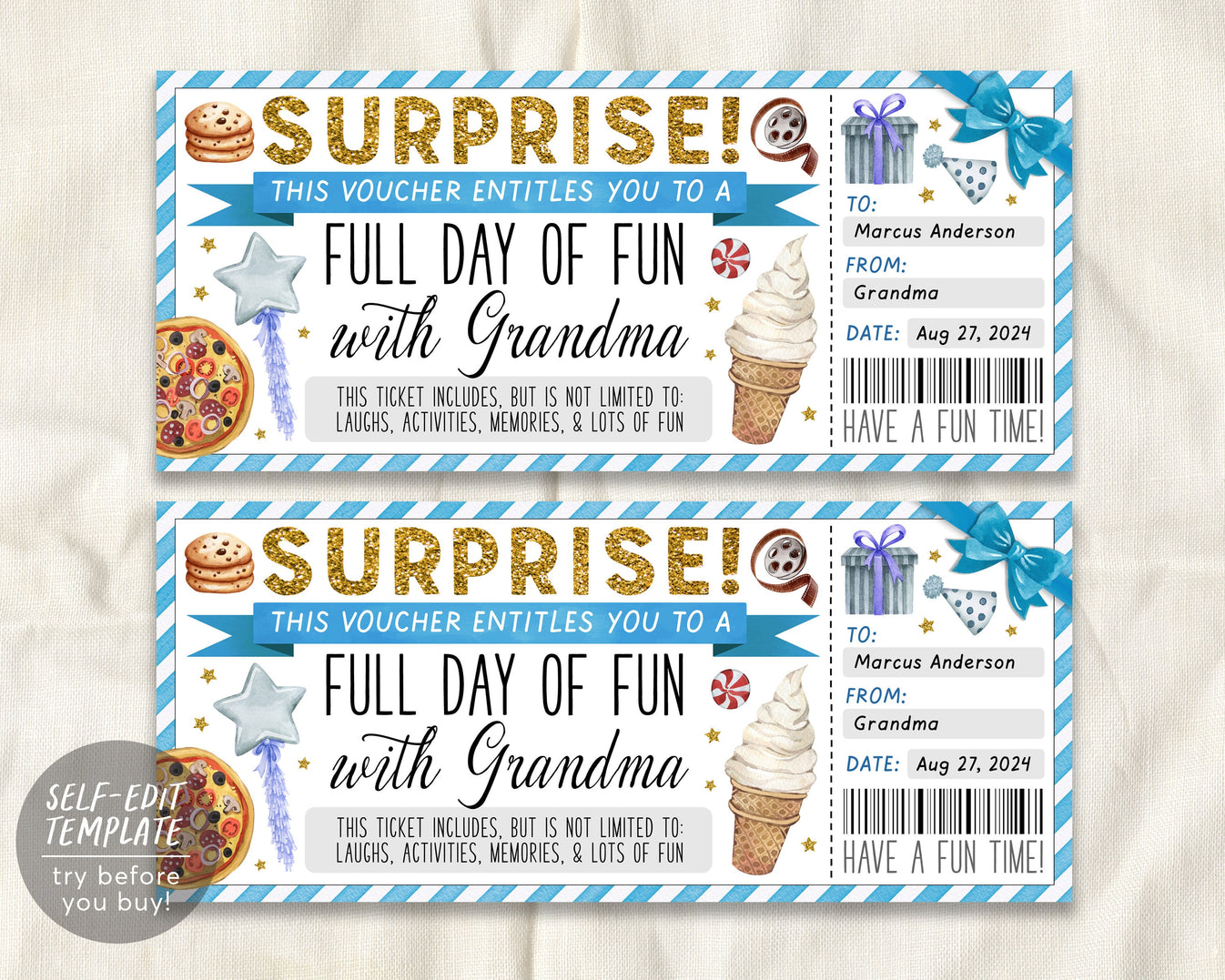 Fun Day Ticket Editable Template, Surprise Day Of Fun with Grandma Gif ...