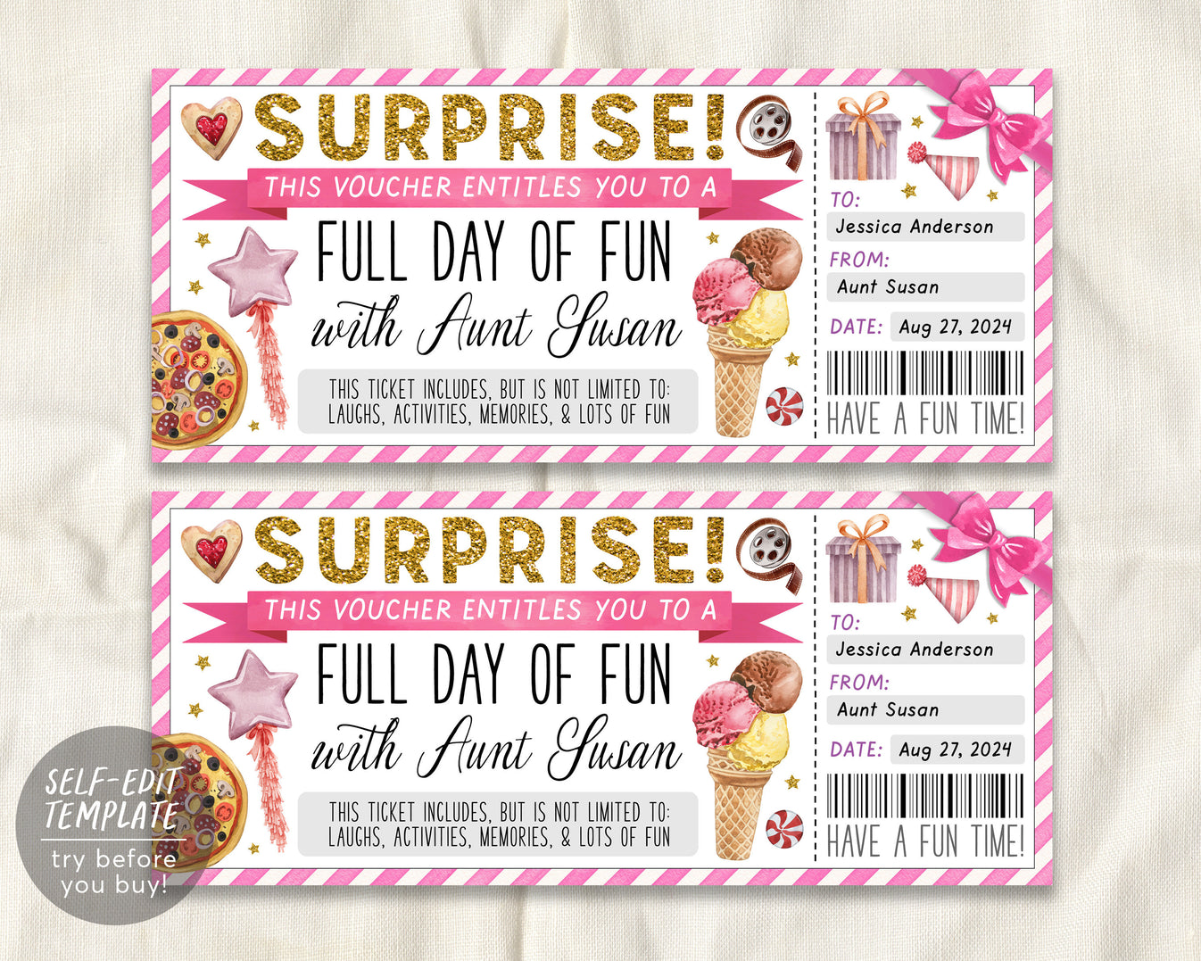 Fun Day Ticket Editable Template, Surprise Day Of Fun with Aunt Gift C ...